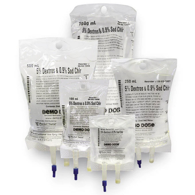 Demo Dose Simulated IV Fluid, Simulated 5% Dextrose 0.9% NaCl, 250 ml ...