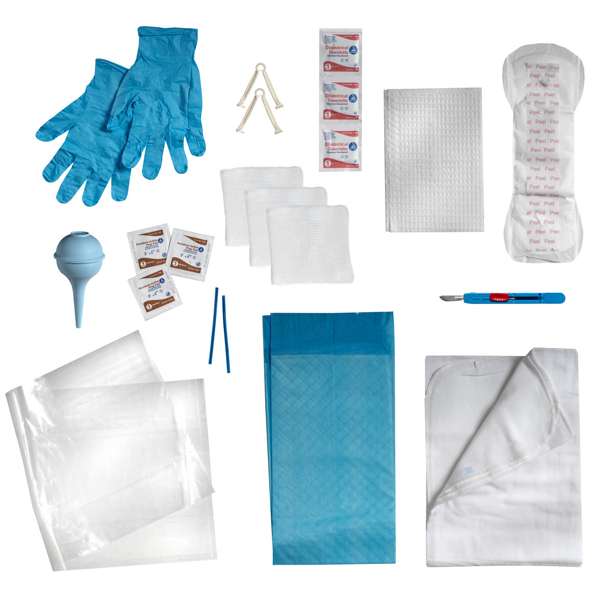Curaplex® OB Kit, Plastic Bag, Gloves, Underpad, Clamps, Towels, Scalpel, OB Pad, Sponges, Bulb ...